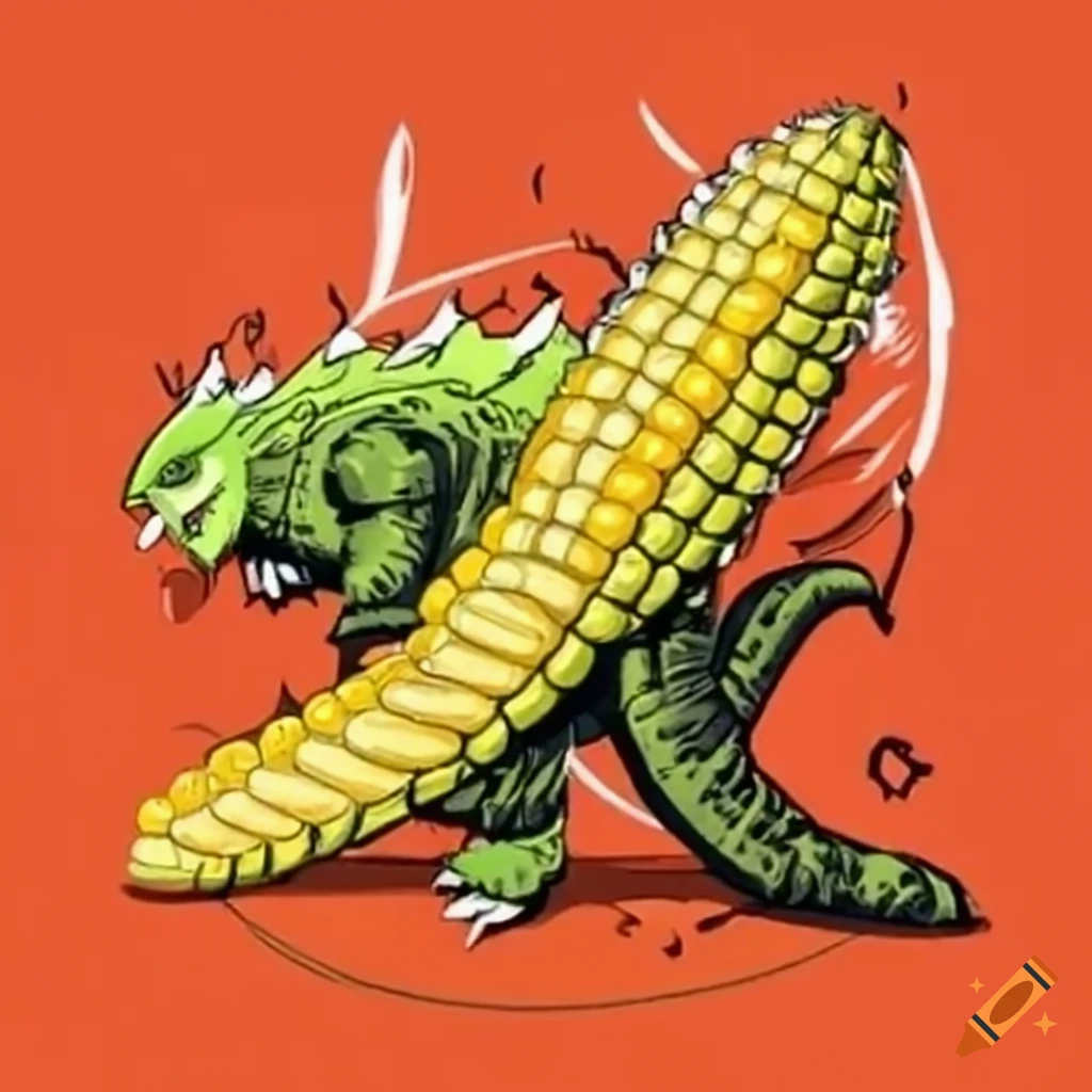 Illustration of a battle between corn and godzilla on Craiyon