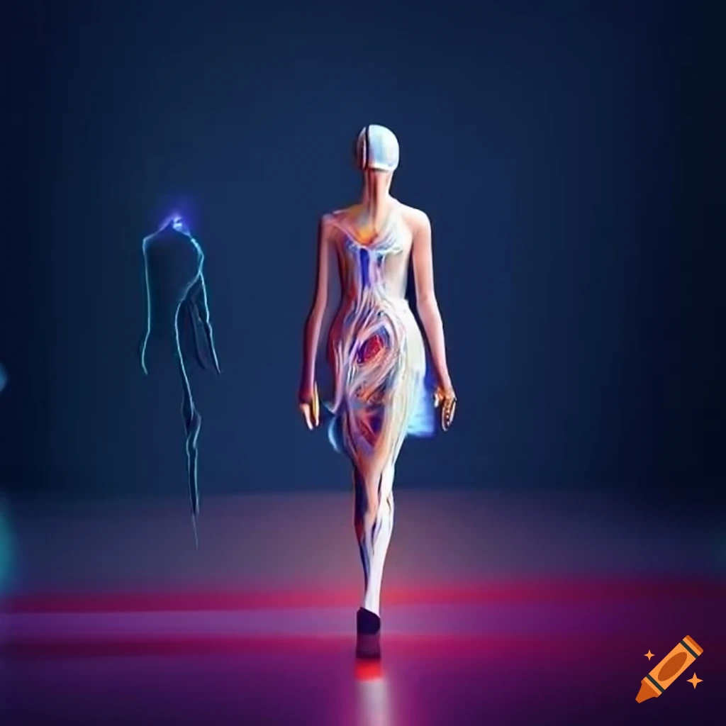 Fashion model walking on a futuristic catwalk on Craiyon