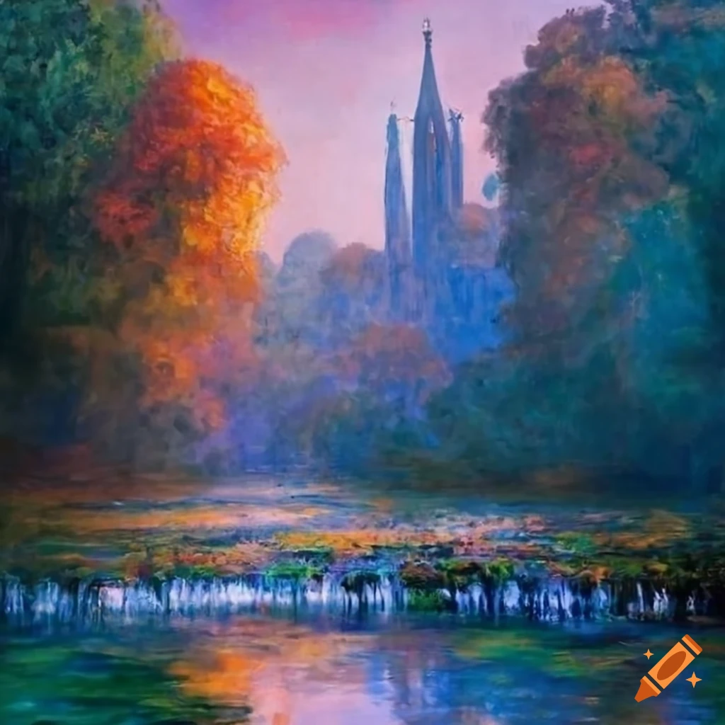 Monet painting of a Victorian garden with a pond and tall cathedral ...