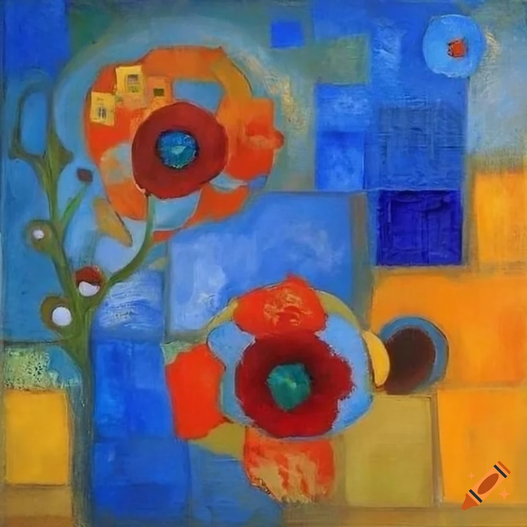 Vibrant squares abstract art in blue with poppies on Craiyon