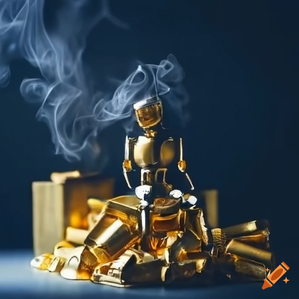 Concept art of a robotic figure surrounded by wealth and smoking a ...