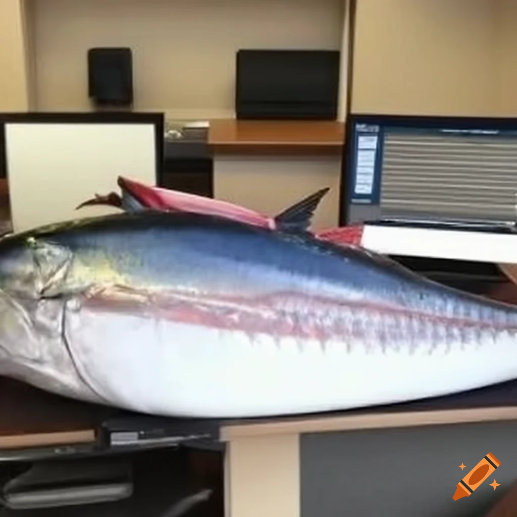 Humorous image of a tuna fish in an office setting on Craiyon