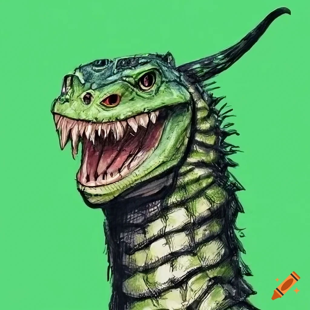 Sci-fi sketch of a black lizard with snake-like neck on Craiyon