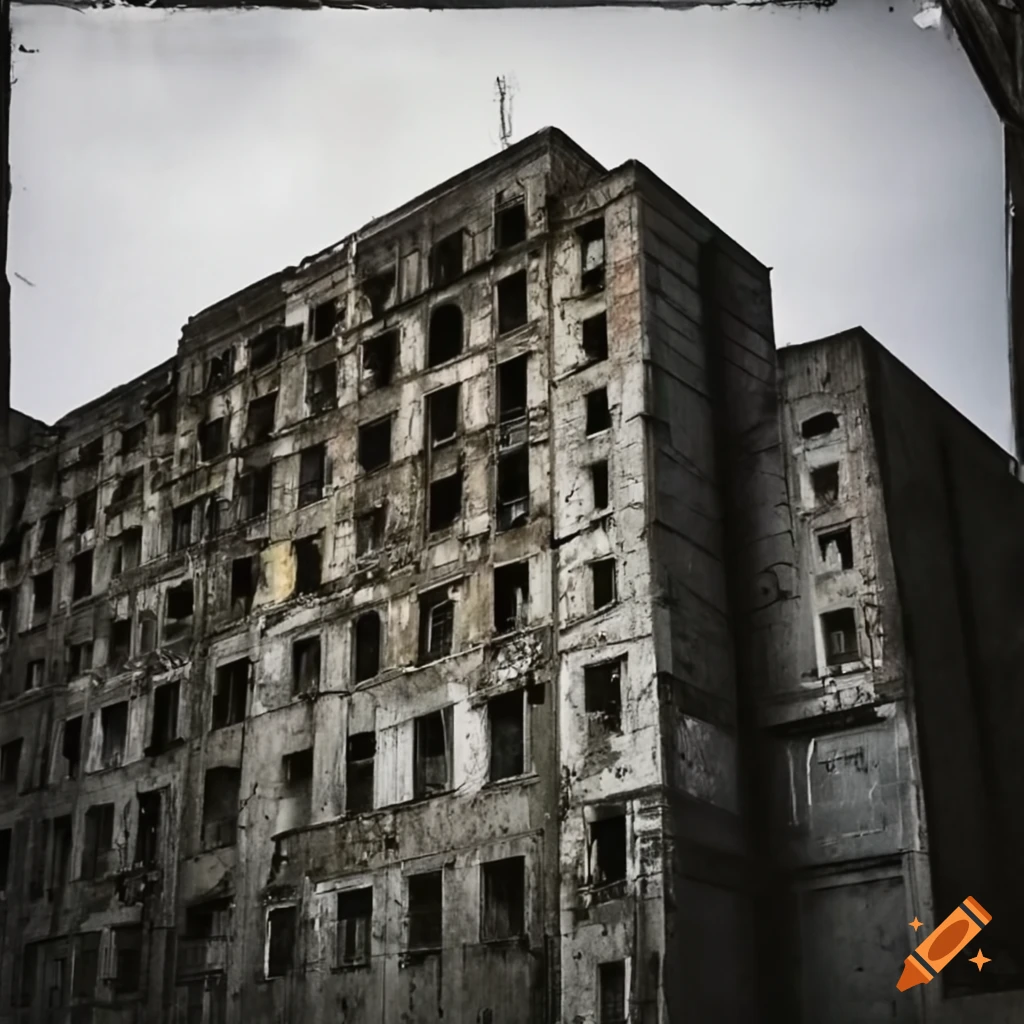 Soviet slum building being renovated among other buildings on Craiyon