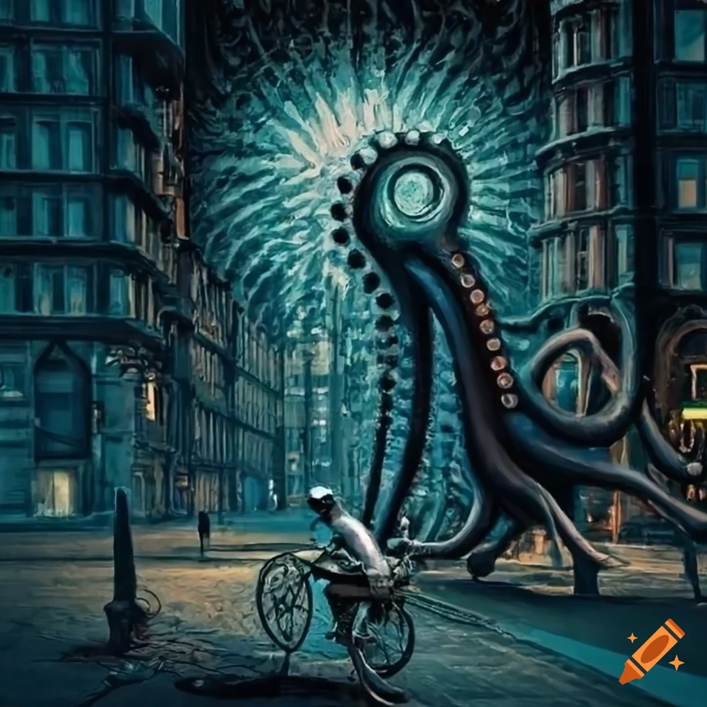Surreal illustration of an octopus riding a bicycle in a city on Craiyon