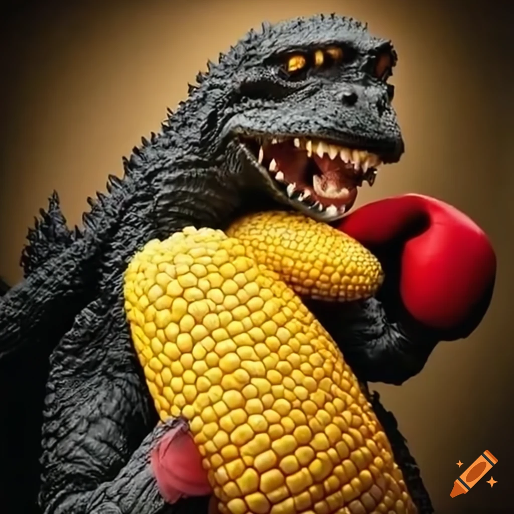 Illustration of a corn cob boxing with godzilla on Craiyon