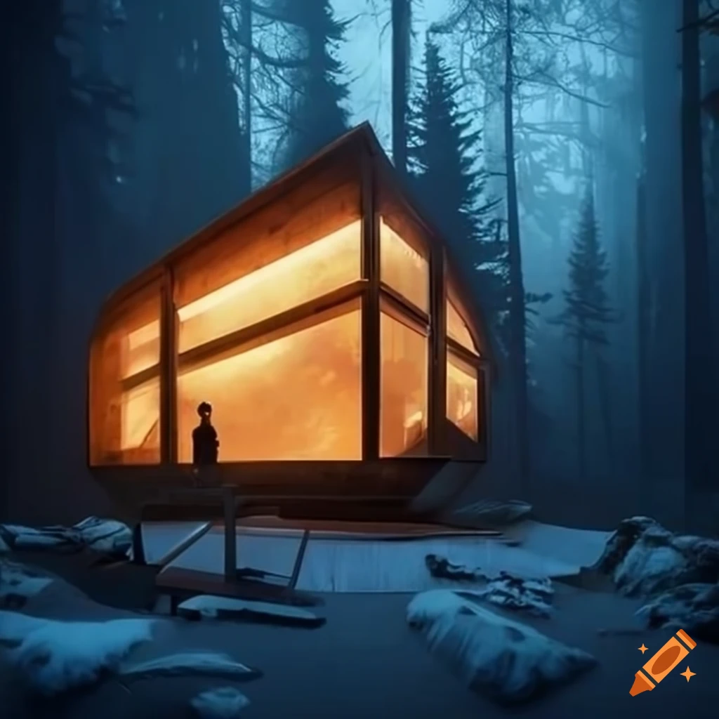 Futuristic cabin in a forest on Craiyon