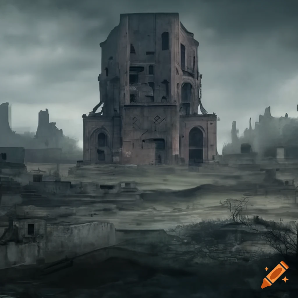 Surreal architectural ruins in a desolate landscape