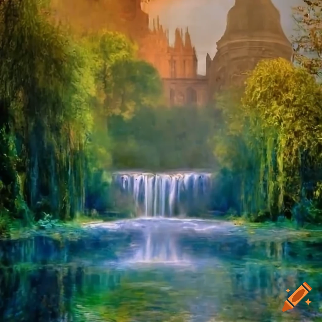 Monet's landscape painting with a baroque balcony and stone fountain on ...