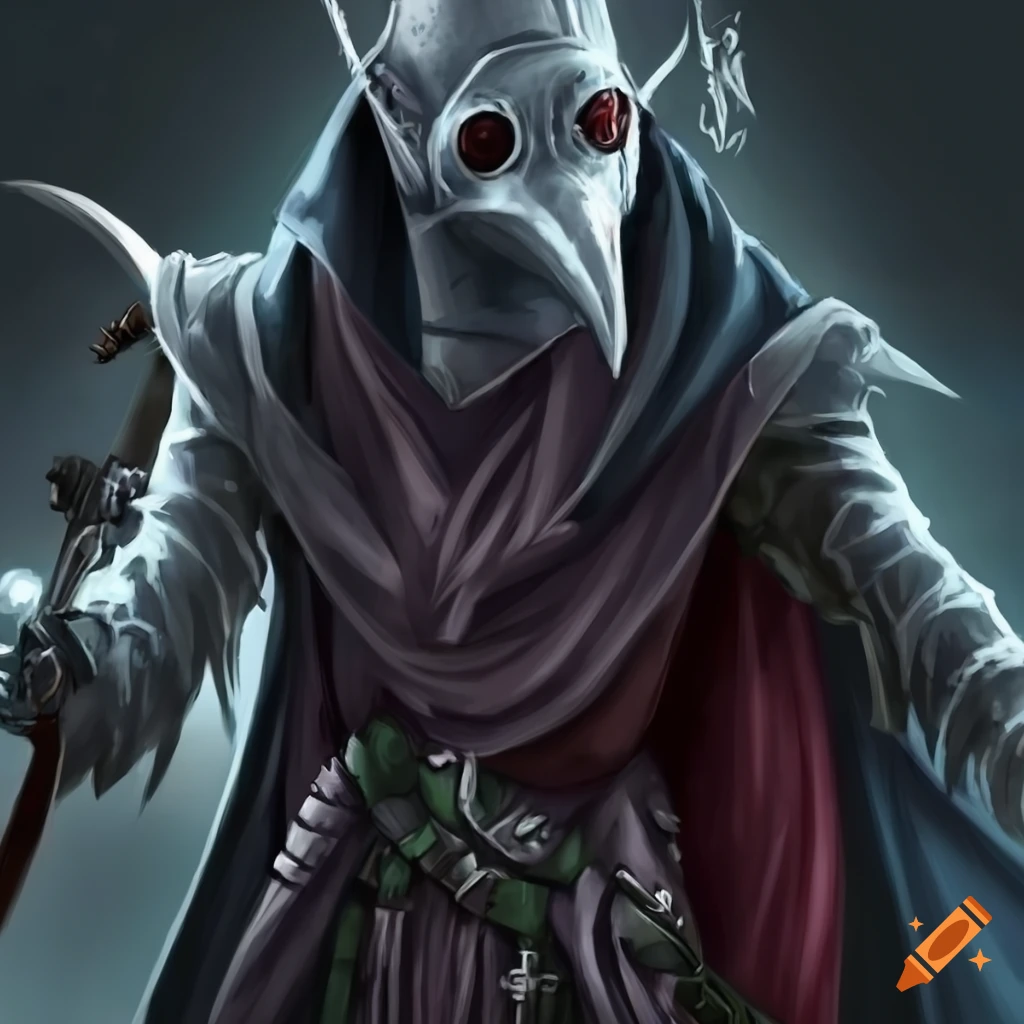 Illustration of a plague doctor dark elf ranger on Craiyon