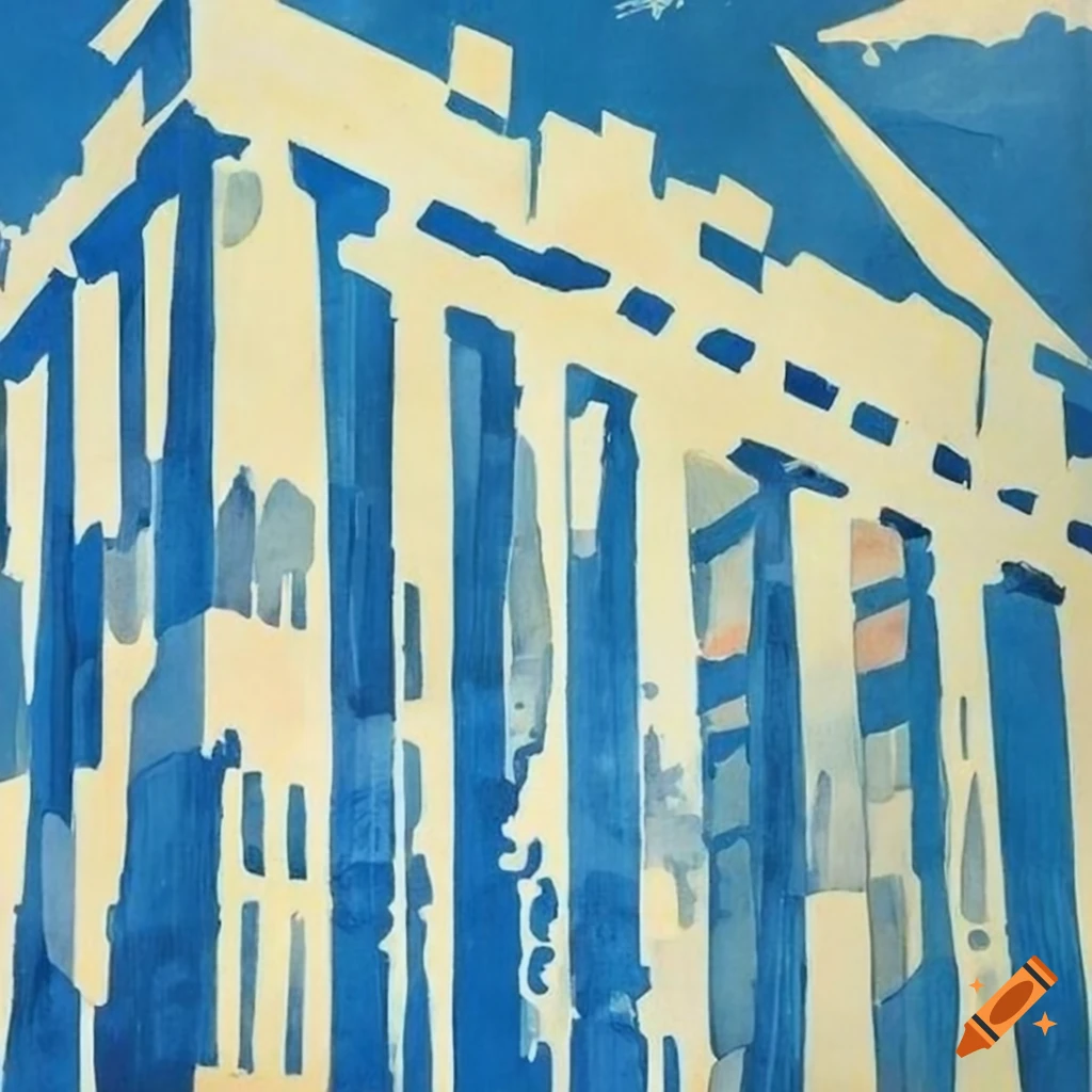 Blue and white soviet propaganda style postcard of the parthenon on Craiyon