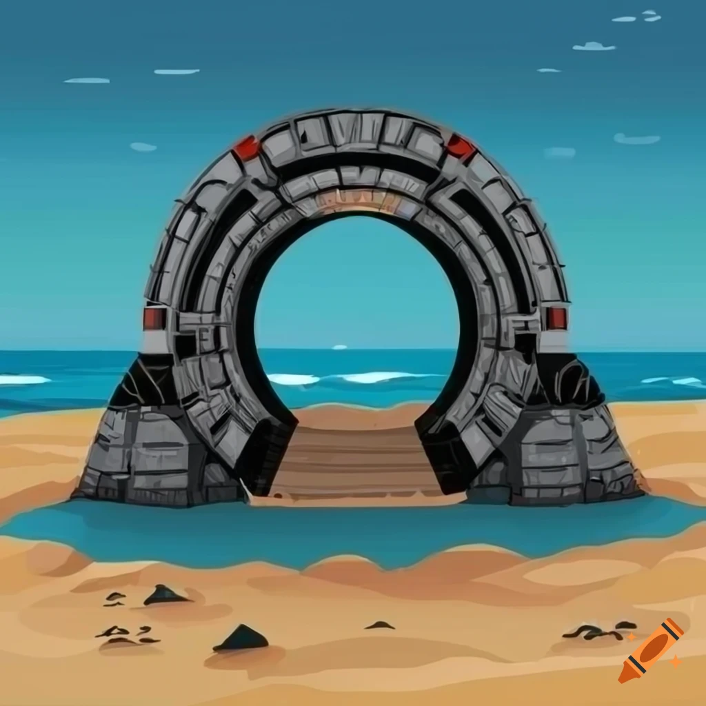 Cartoon illustration of a black stargate on a sunny beach on Craiyon