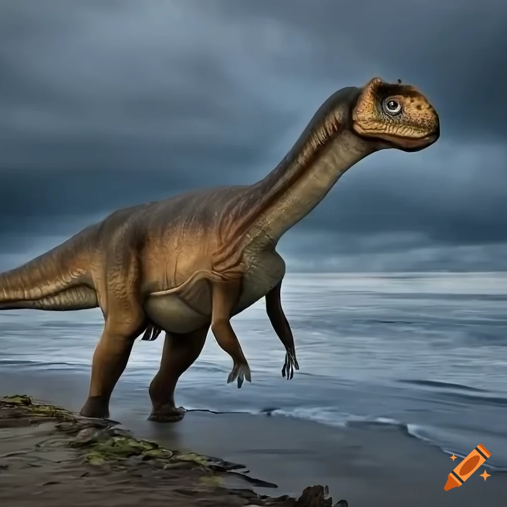 Hadrosaurus dinosaur walking on the coast with driftwood