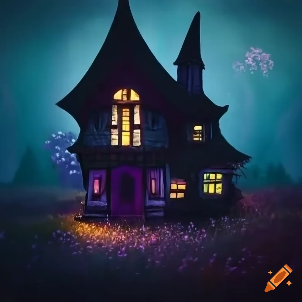 Photo of a charming witch's house in a bright enchanted forest on Craiyon