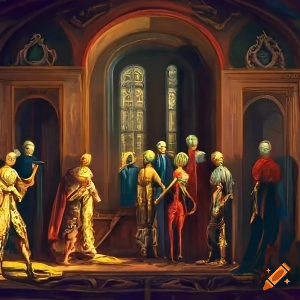 Group of aliens having a meeting in a renaissance-style hall