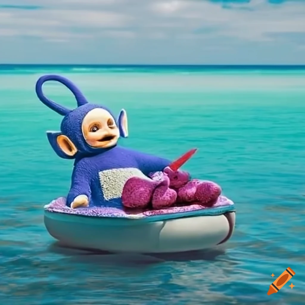 Teletubbies driving a fancy car near the beach on Craiyon