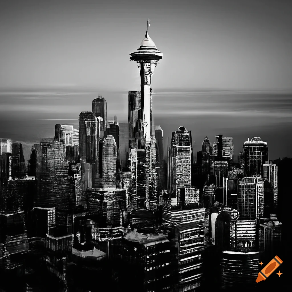 Black and white pencil sketch of seattle cityscape on Craiyon