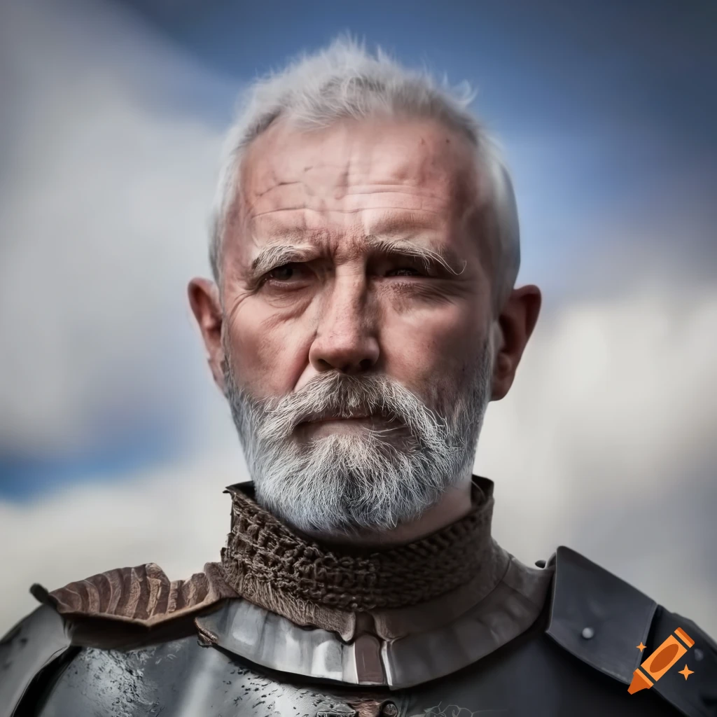 Portrait of a middle-aged man in full plate armor on Craiyon