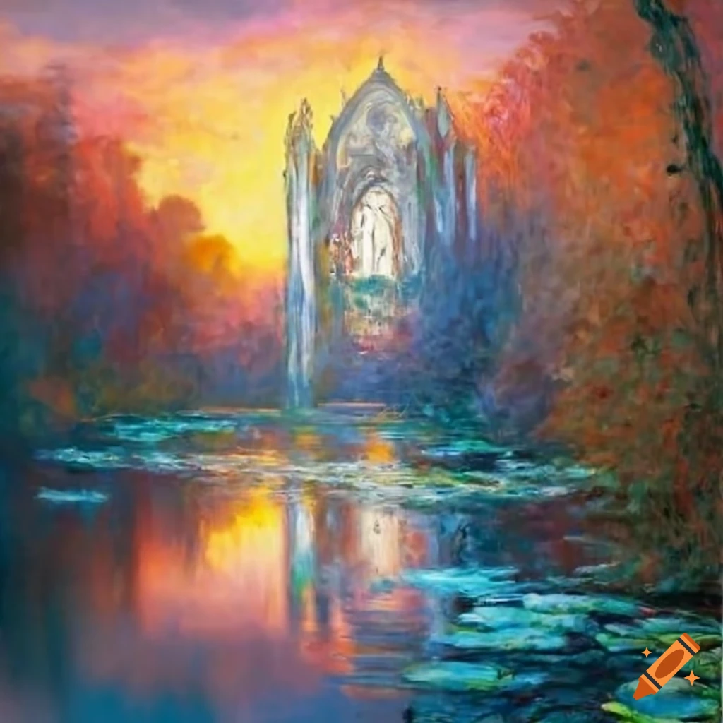 Monet painting of a Victorian garden with a pond and a cathedral window ...