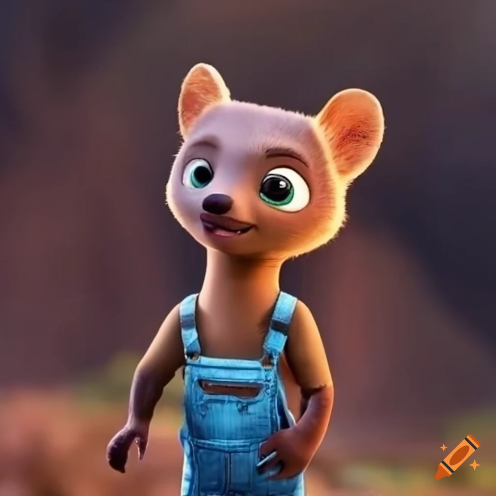 Cute pixar pine marten character wearing overalls