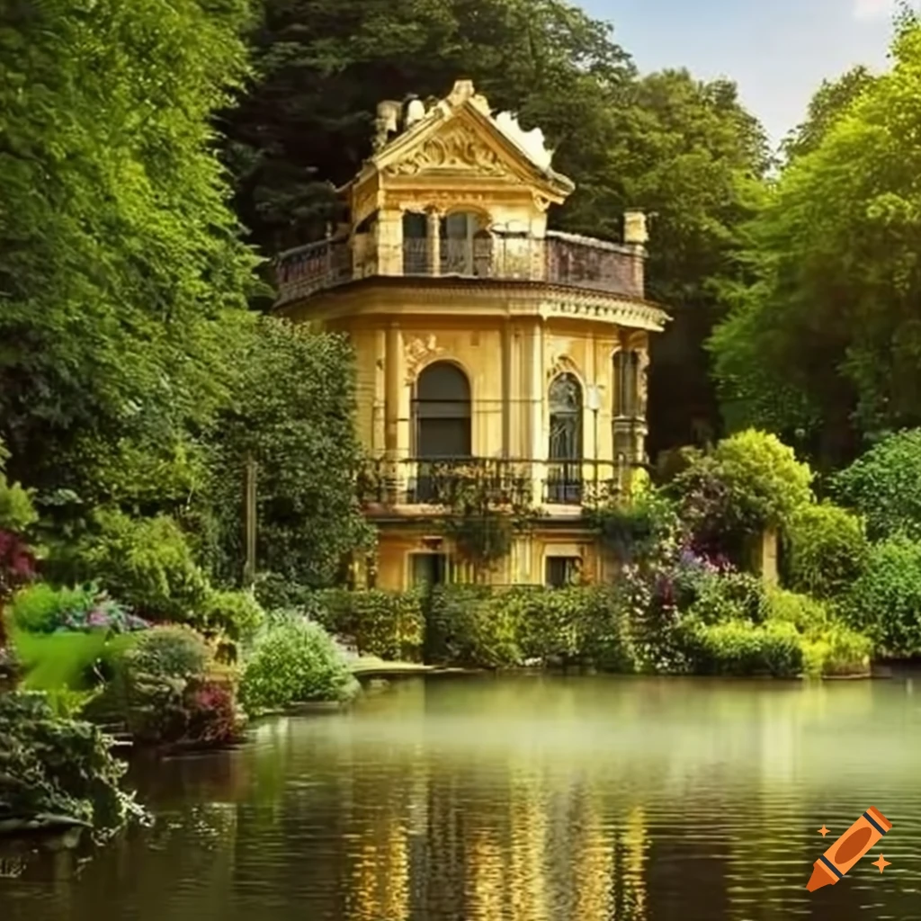 Victorian garden with a golden balcony overlooking a pond on Craiyon