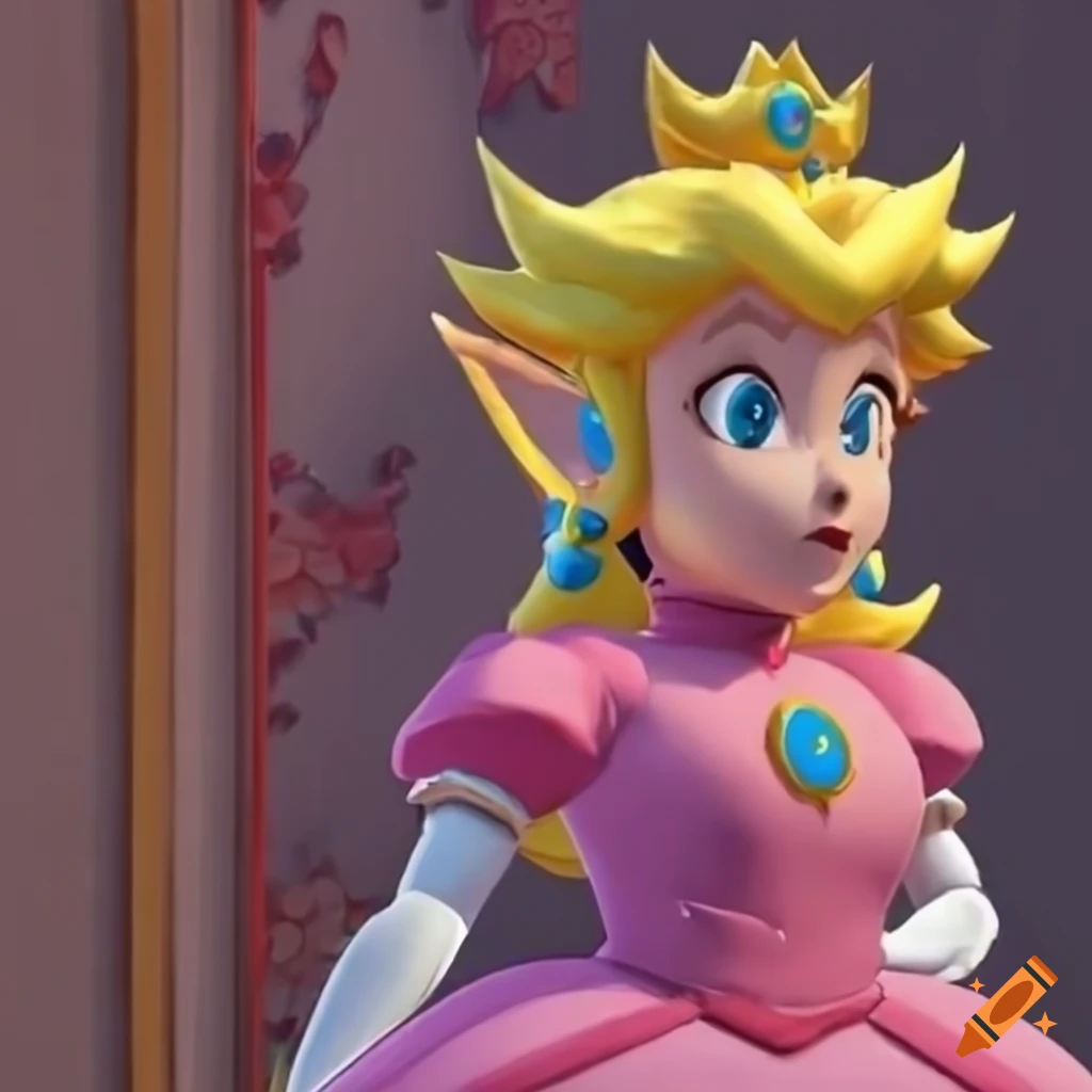 Link examining Princess Peach's ballgown on a dress dummy on Craiyon