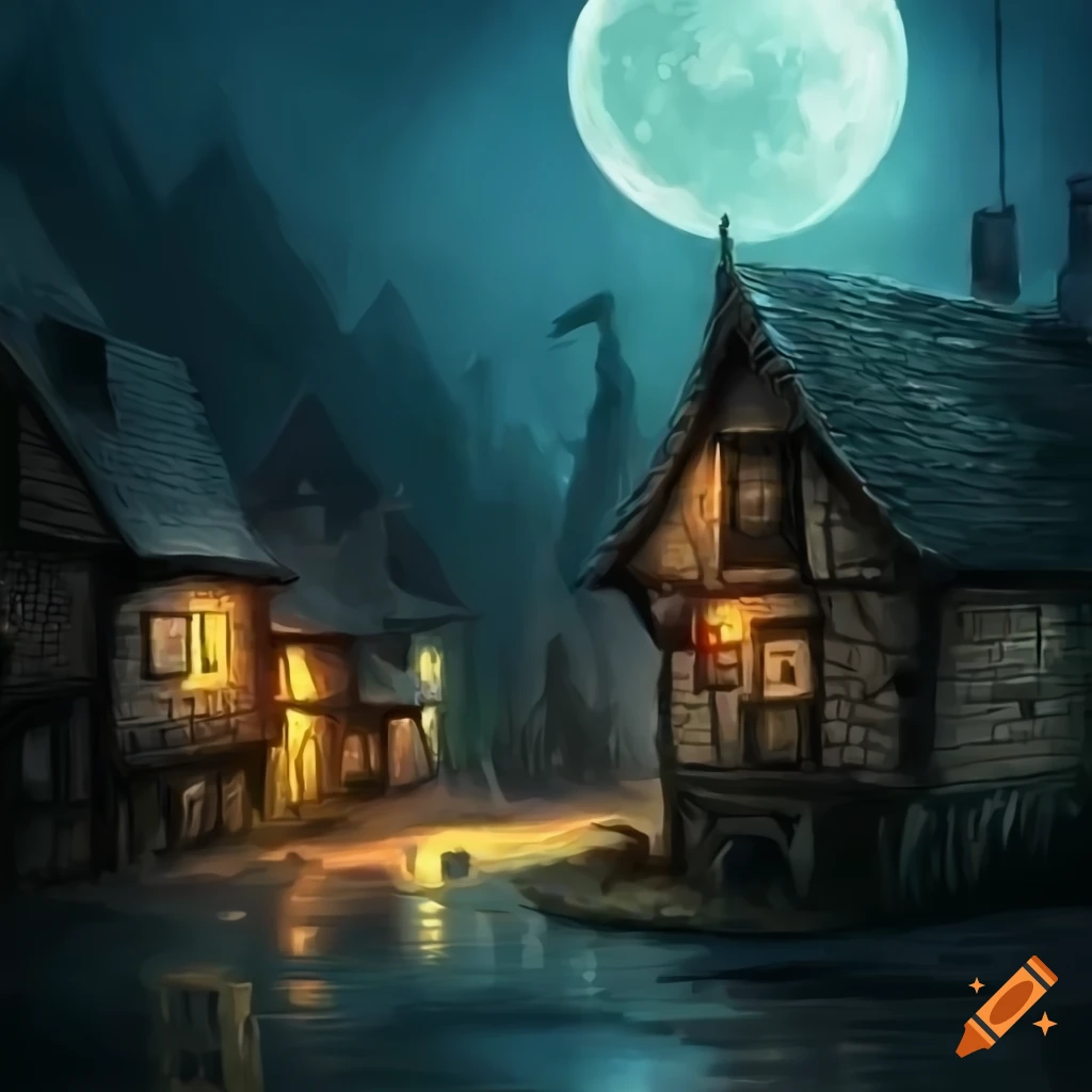 Dnd village street with inn under moonlight on Craiyon