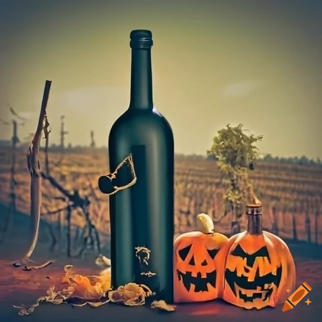Spooky Halloween wine bottle in vineyards on Craiyon