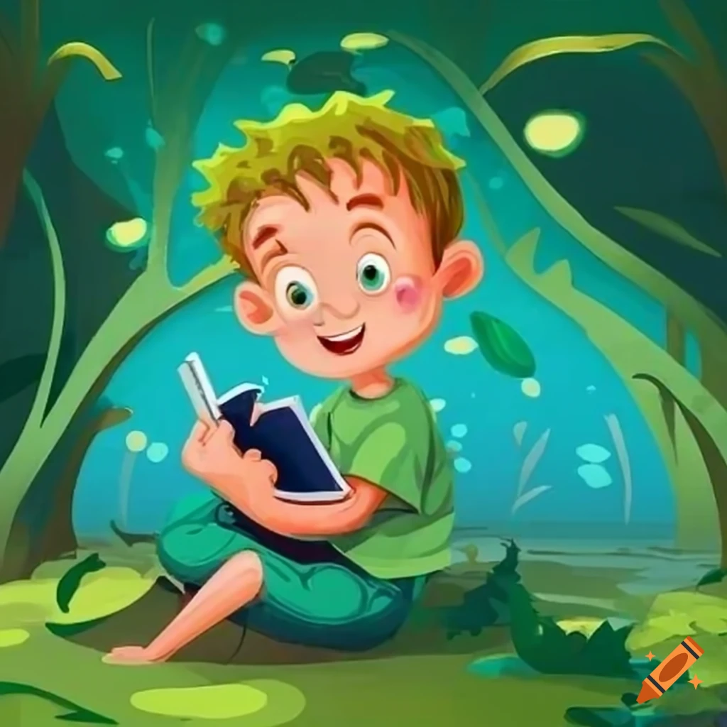 Cartoon kid exploring a swamp with a notebook and pen on Craiyon