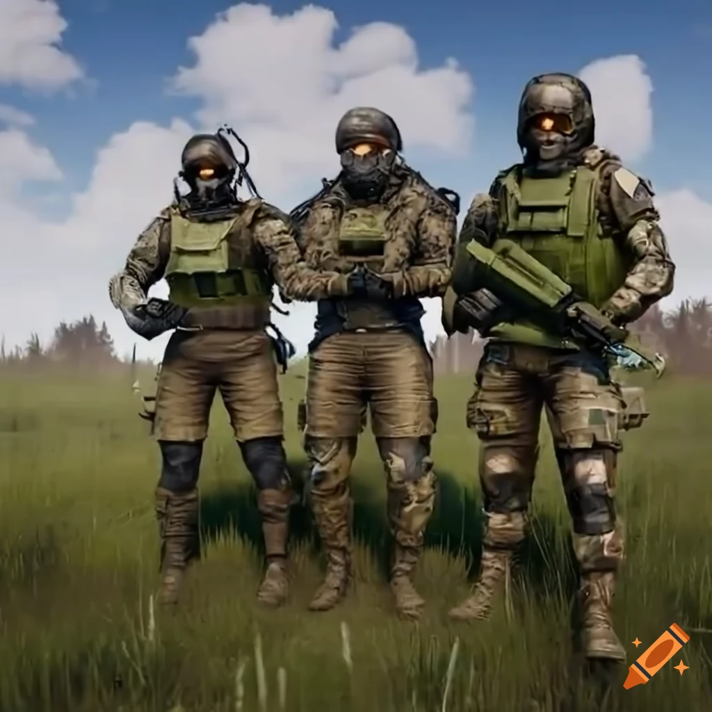 Portrait of Ukrainian sci-fi soldiers holding the flag with a tank on ...