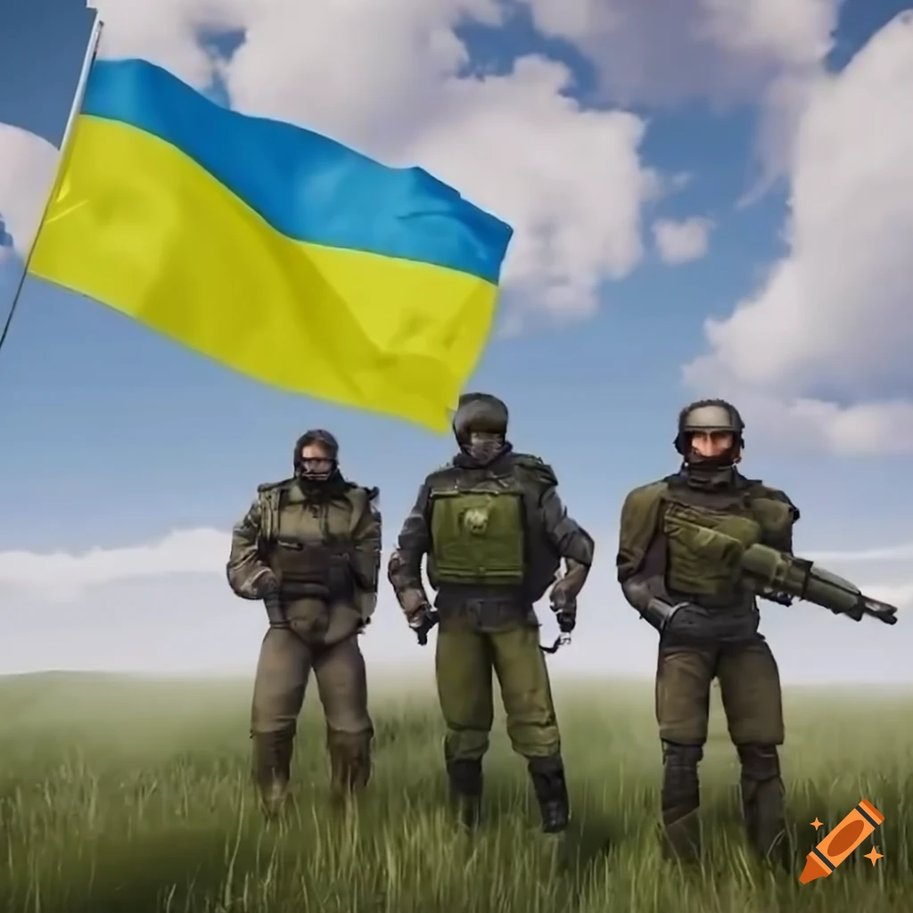 Portrait of ukrainian sci-fi soldiers holding the flag on Craiyon