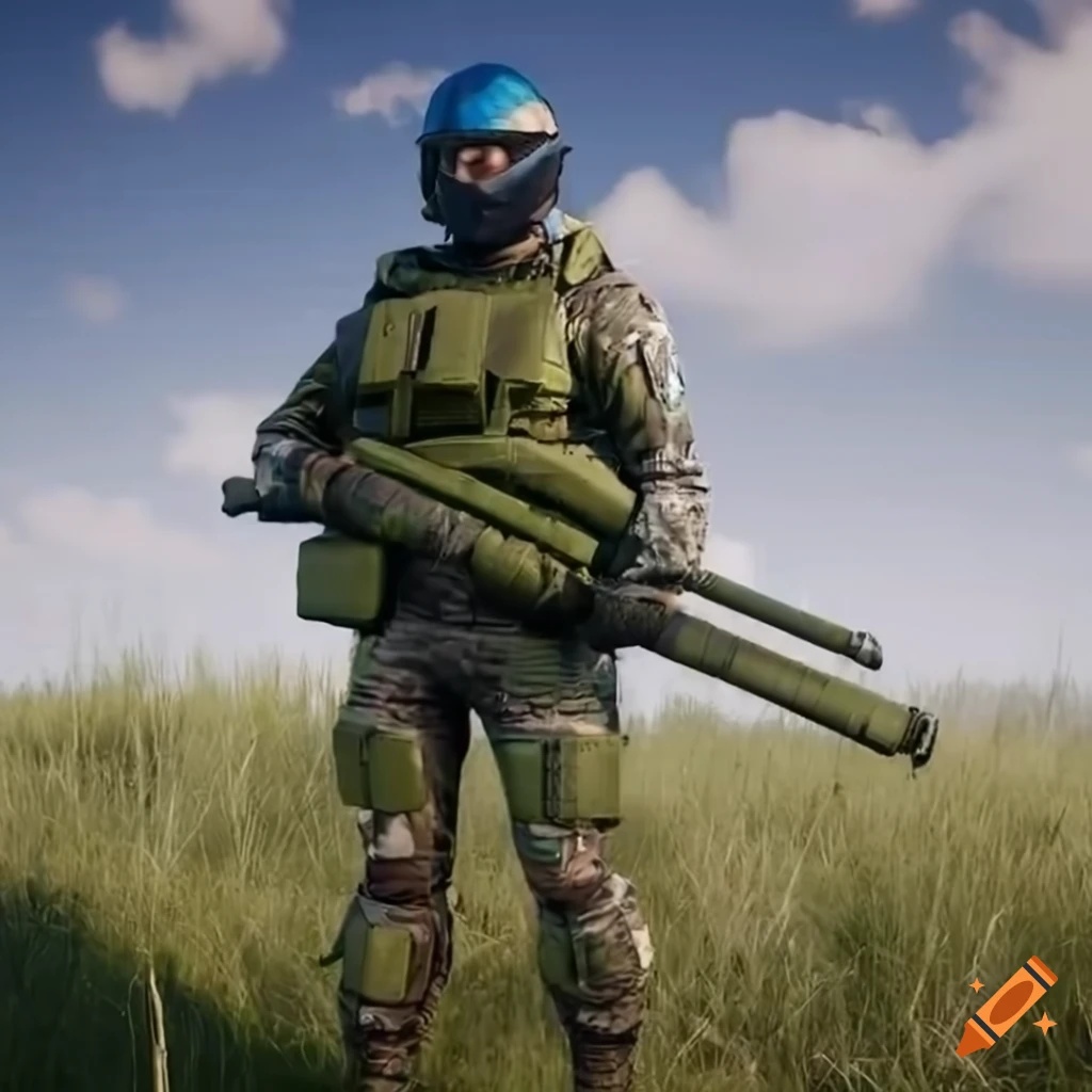 Portrait of ukrainian sci-fi soldiers with tank on grassland on Craiyon