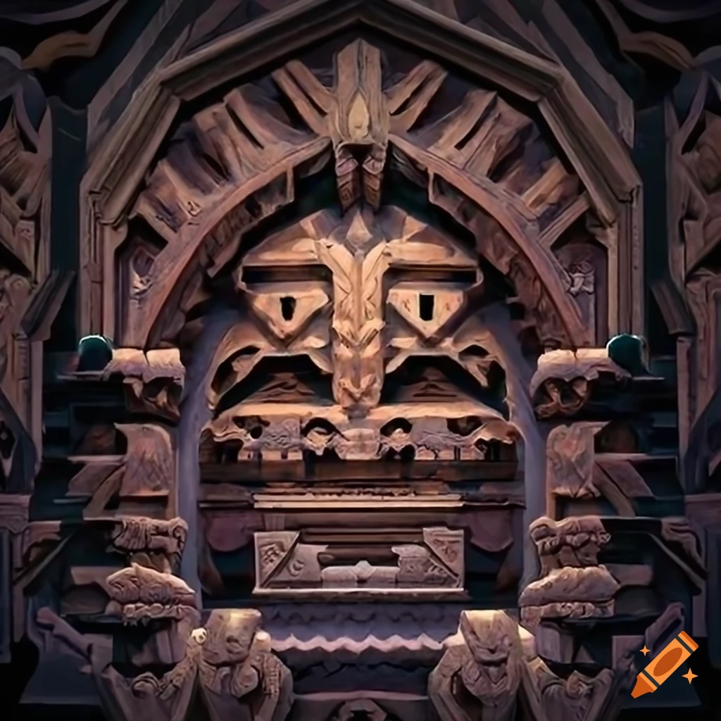 Dungeon with architectural stave carvings in a zelda game motif on Craiyon