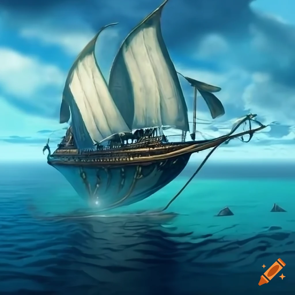 Close-up of an elven flying ship on board a ship