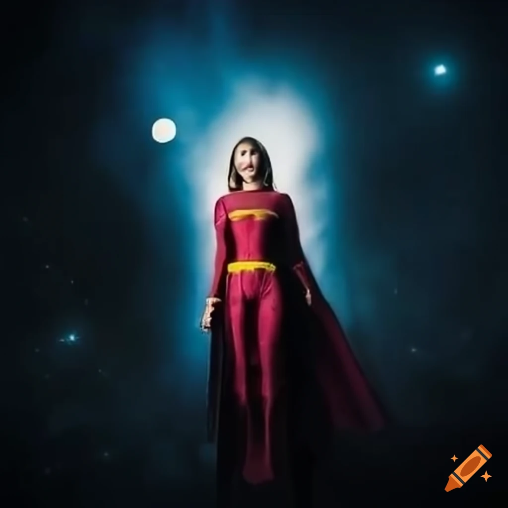 Female superhero in white costume with gold details and red mask on Craiyon