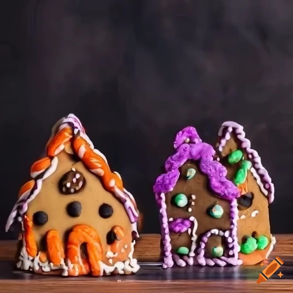 Festive gingerbread haunted houses with candy decorations on Craiyon