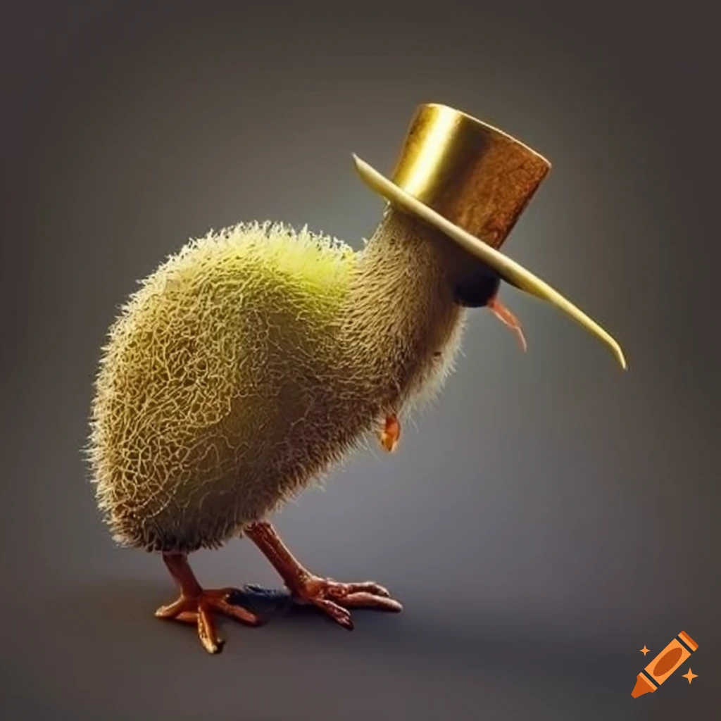 Artistic depiction of a kiwi bird with a golden tophat on Craiyon