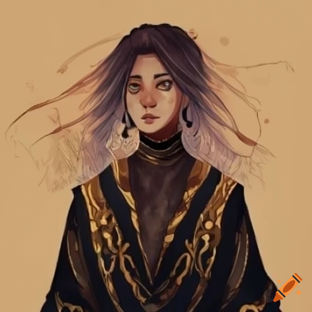 Anime-style illustration of a young arabic merchant in a gilded black robe