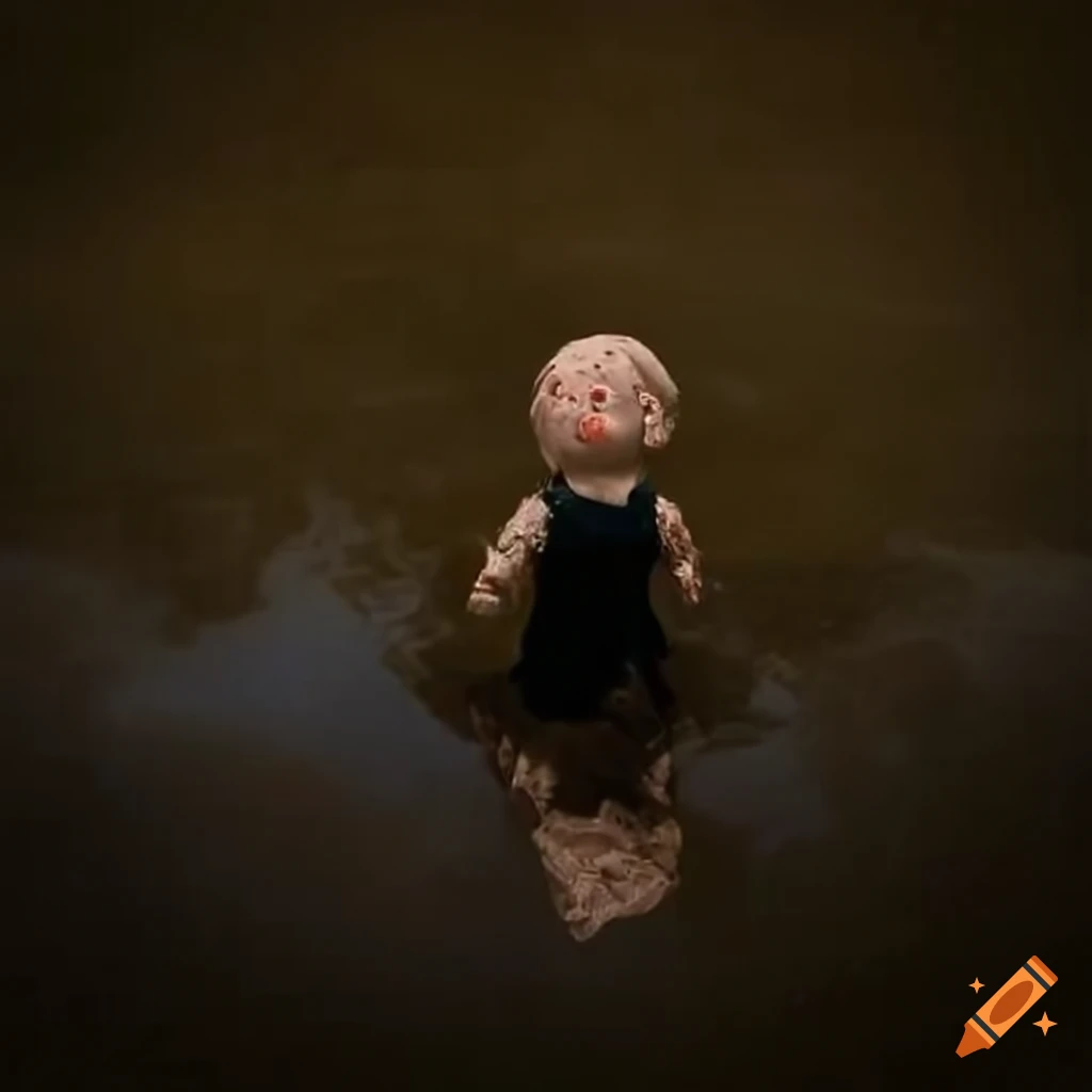 Surreal image of a rag doll in a puddle