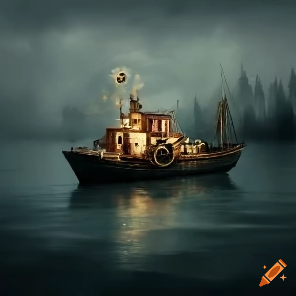 Steampunk boat on a mysterious beach with surreal elements on Craiyon