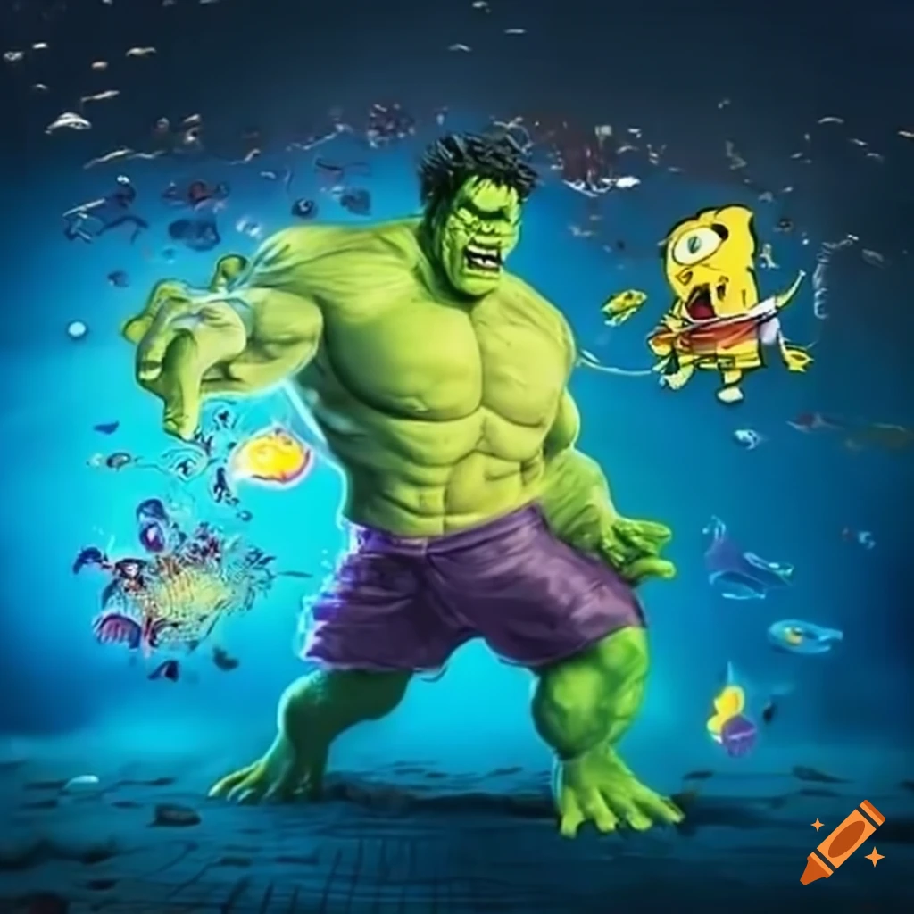 Image of the Hulk battling SpongeBob underwater on Craiyon
