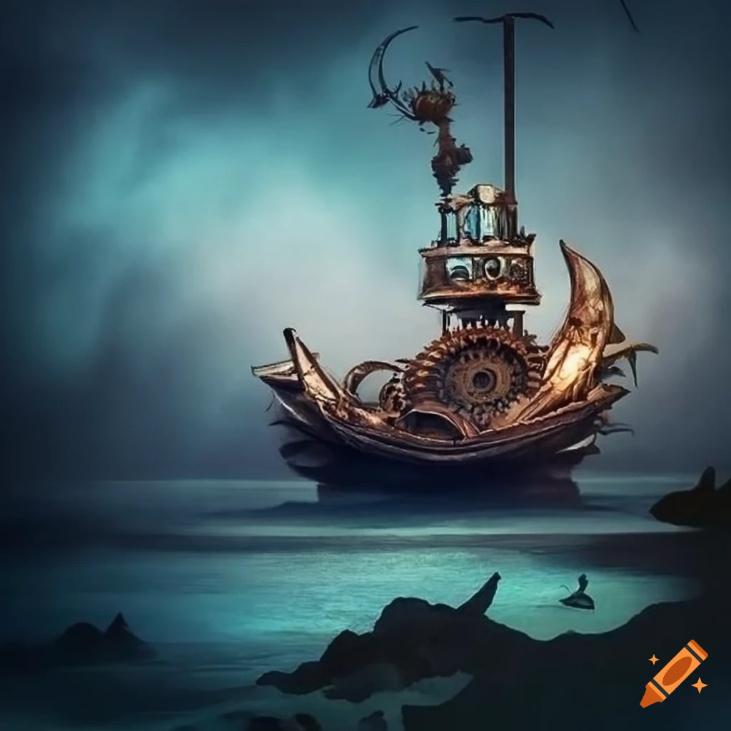 Surreal steampunk artwork with boats and strange creatures on Craiyon