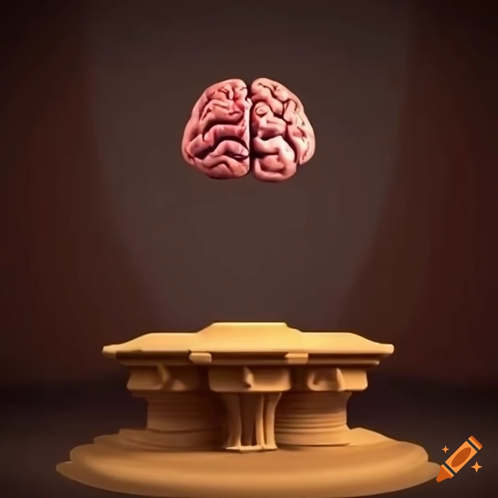 Surreal artwork of a brain elevated on a pedestal with people ...