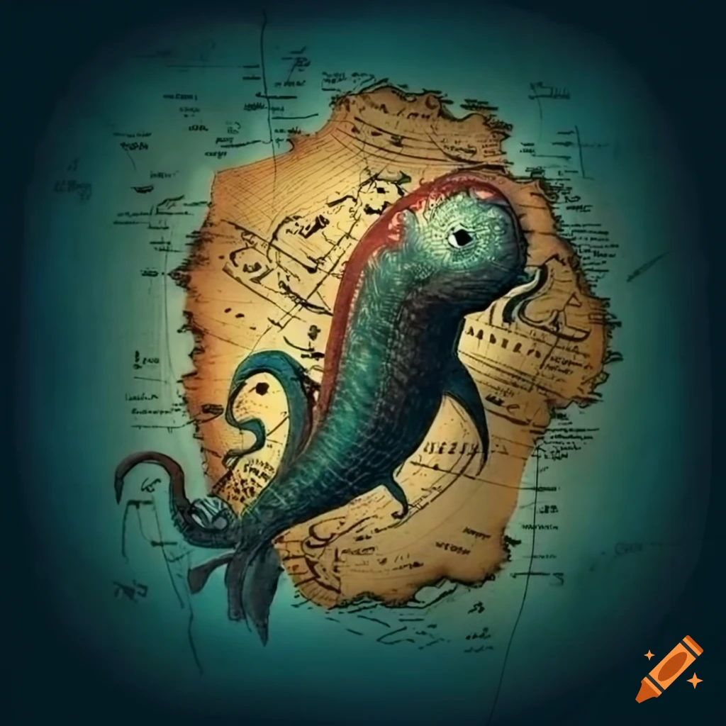 Old navigation map with mythical sea creatures