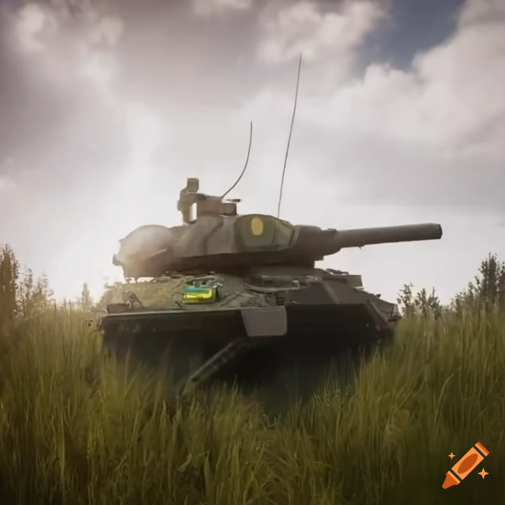 Portrait of Ukrainian sci-fi soldiers with tank and flag on Craiyon