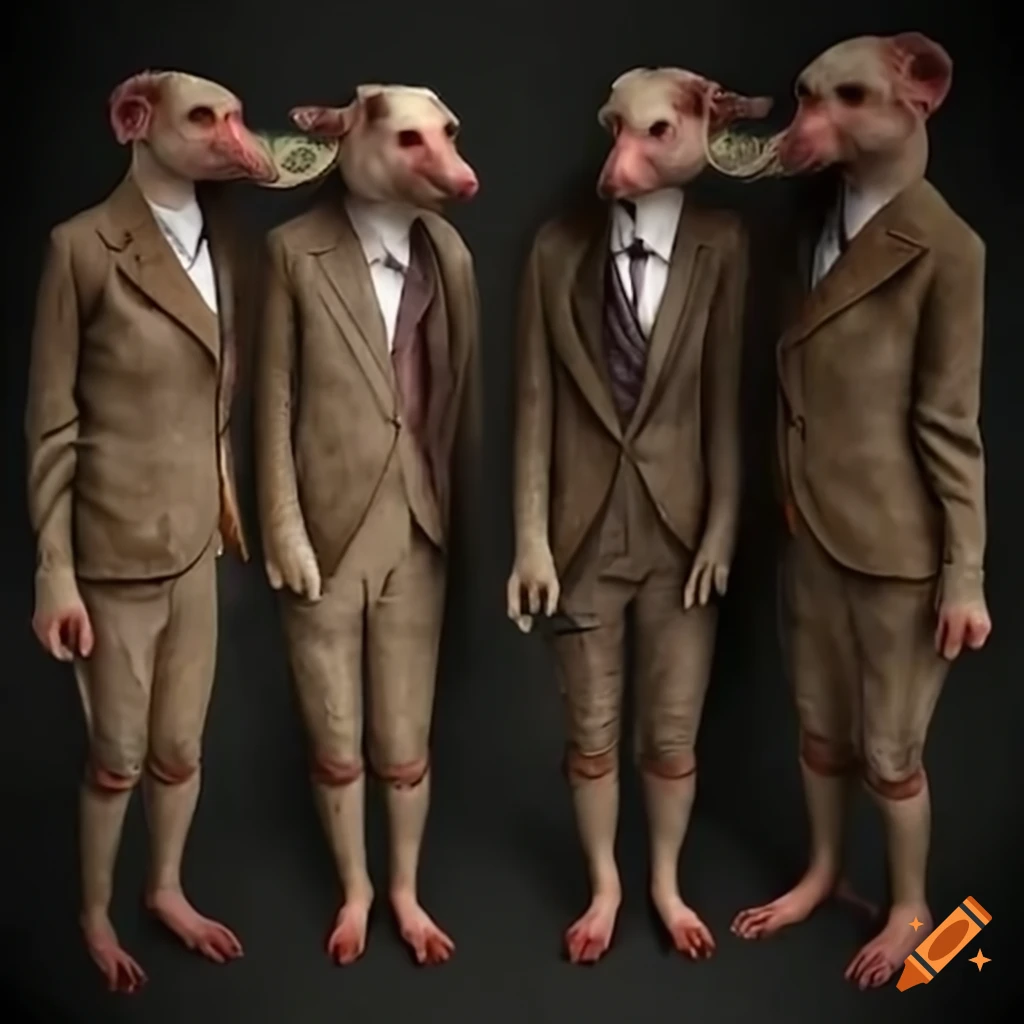 Greedy men in rat-headed suits trapping people with mousetraps baited ...