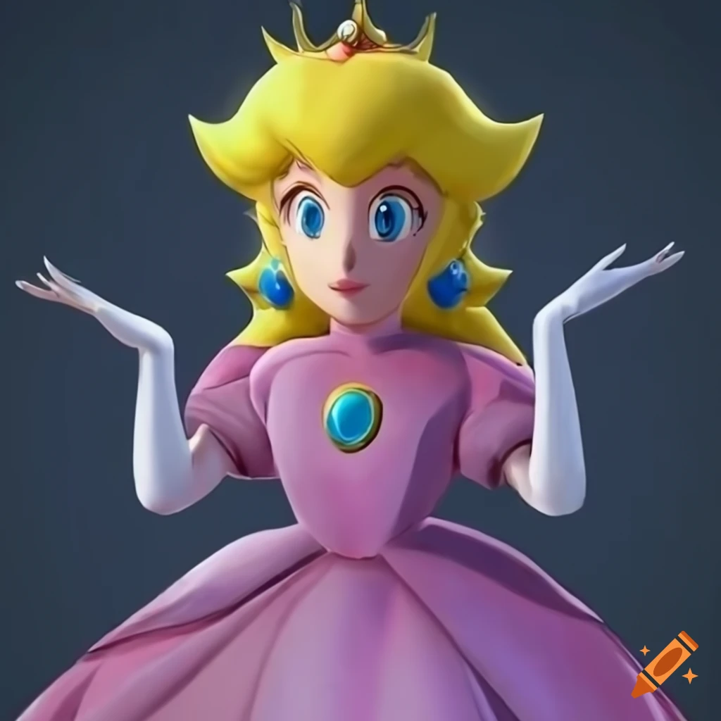 Link examining princess peach's ballgown on a dress dummy on Craiyon