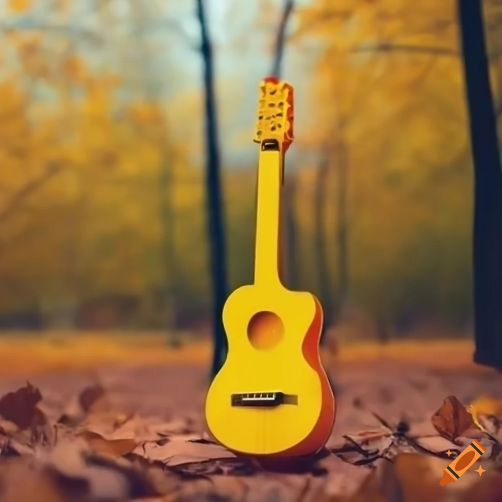 Yellow plastic guitar in autumn scenery