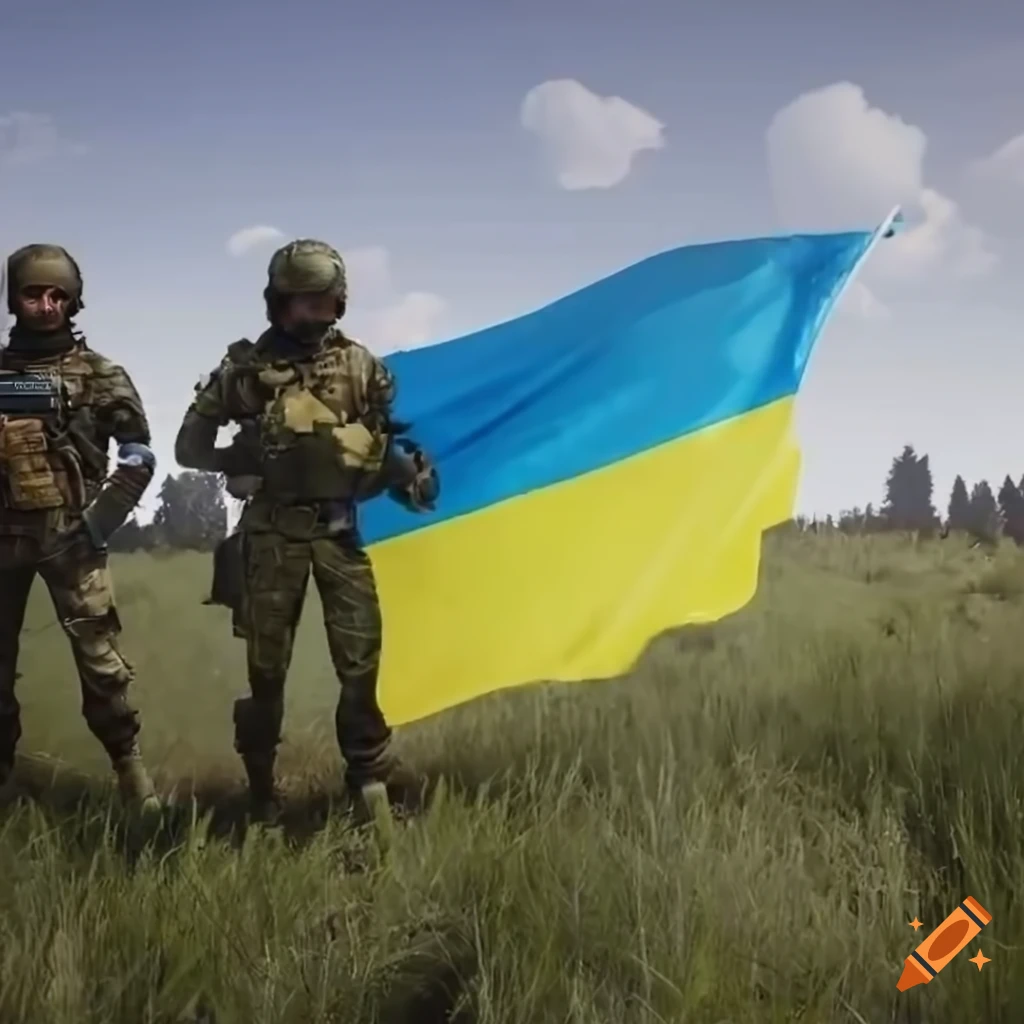 Portrait of ukrainian sci-fi soldiers with flag and tank on Craiyon