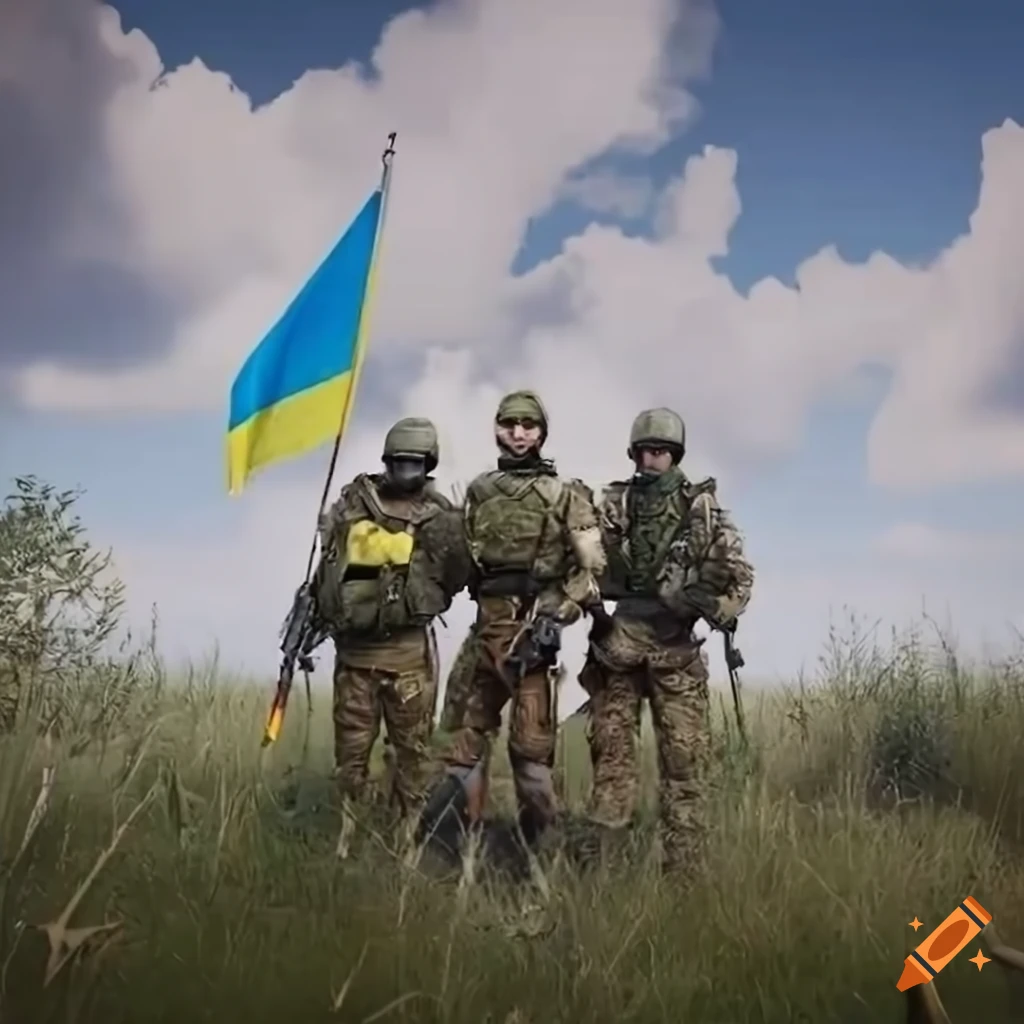Portrait of ukrainian sci-fi soldiers with flag and tank on Craiyon